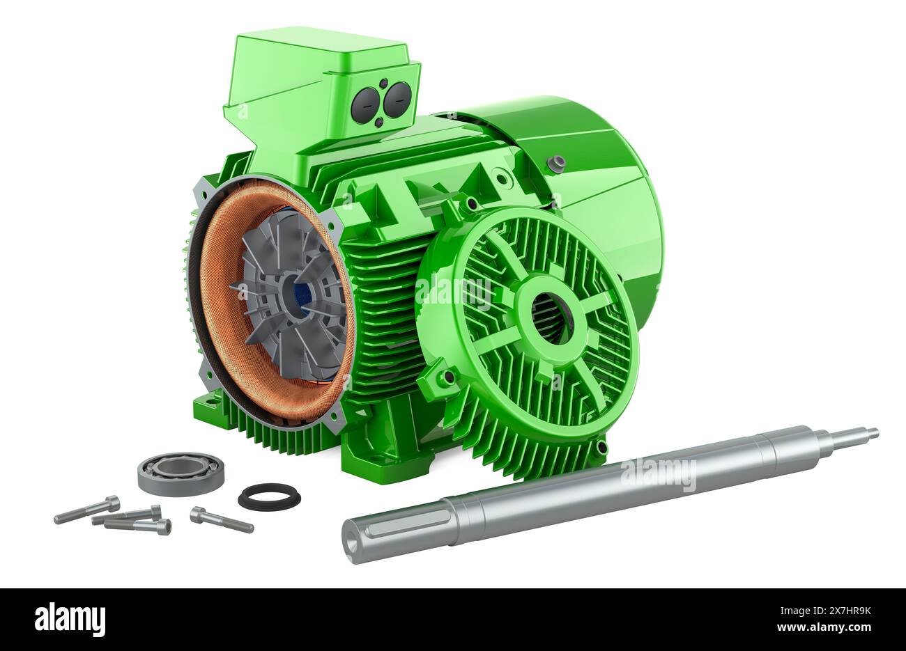 Green electric motor, parts. 3D rendering isolated on white background ...