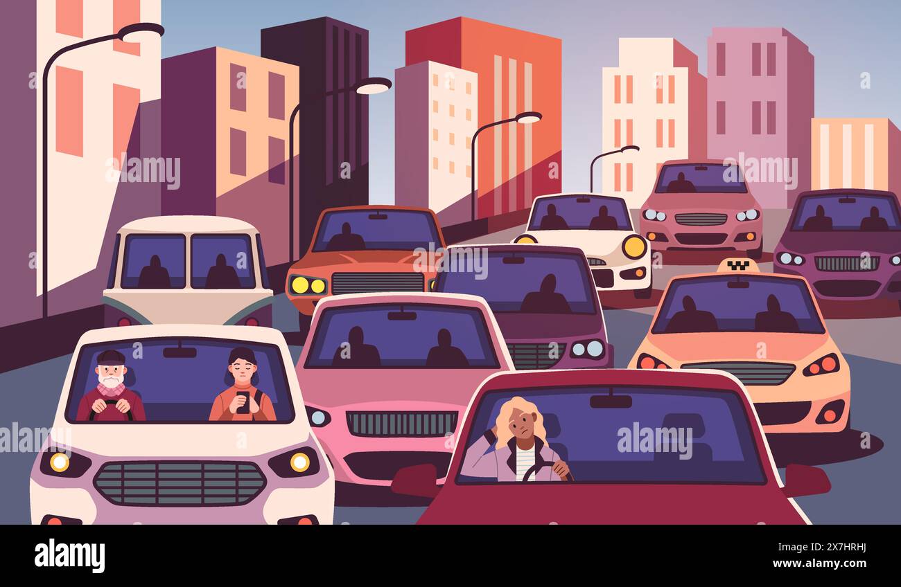 Cars with people stuck in traffic. Drivers and passengers, front view ...