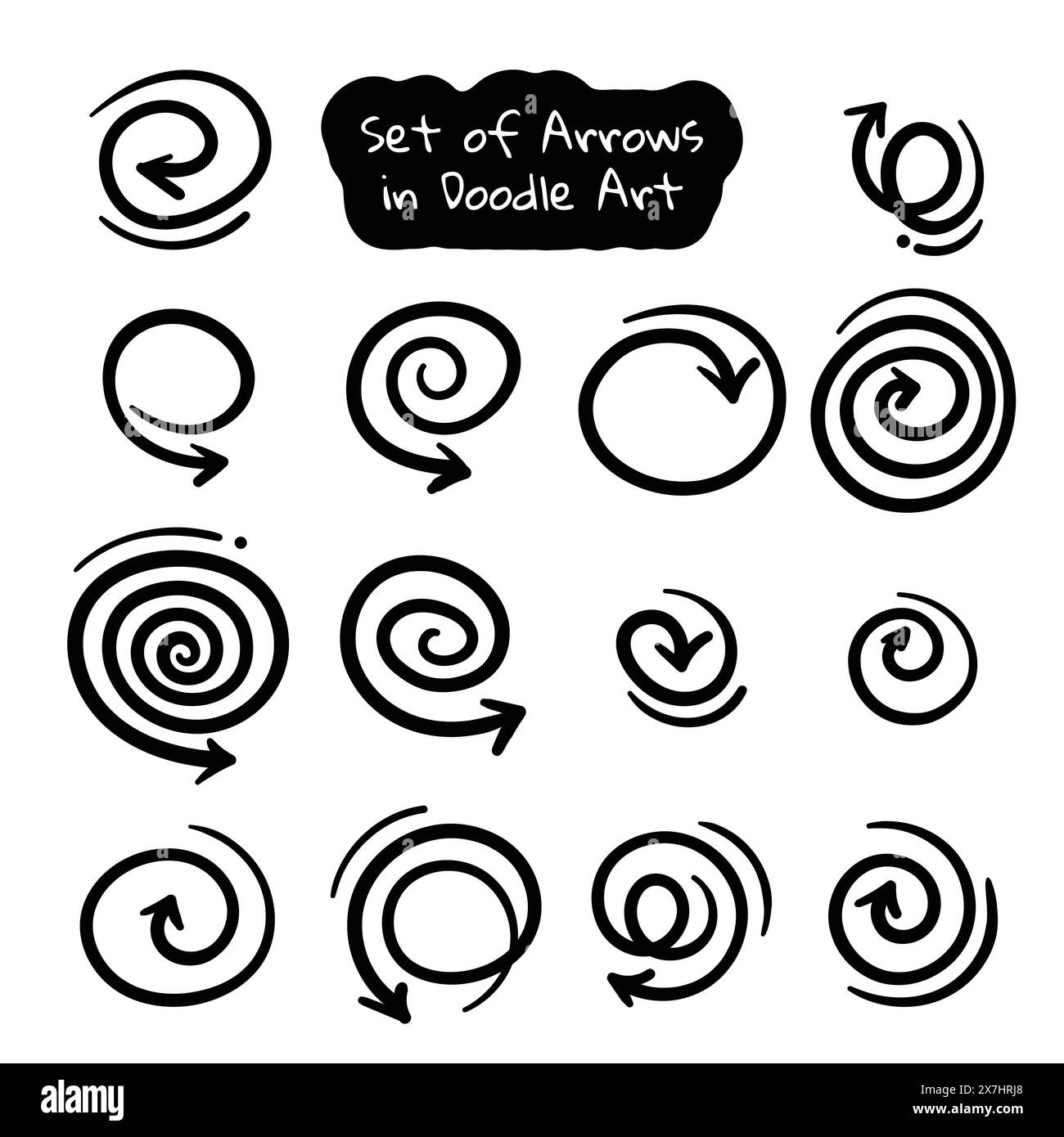 set of hand drawn rotating and swirl arrows in various simple round ...