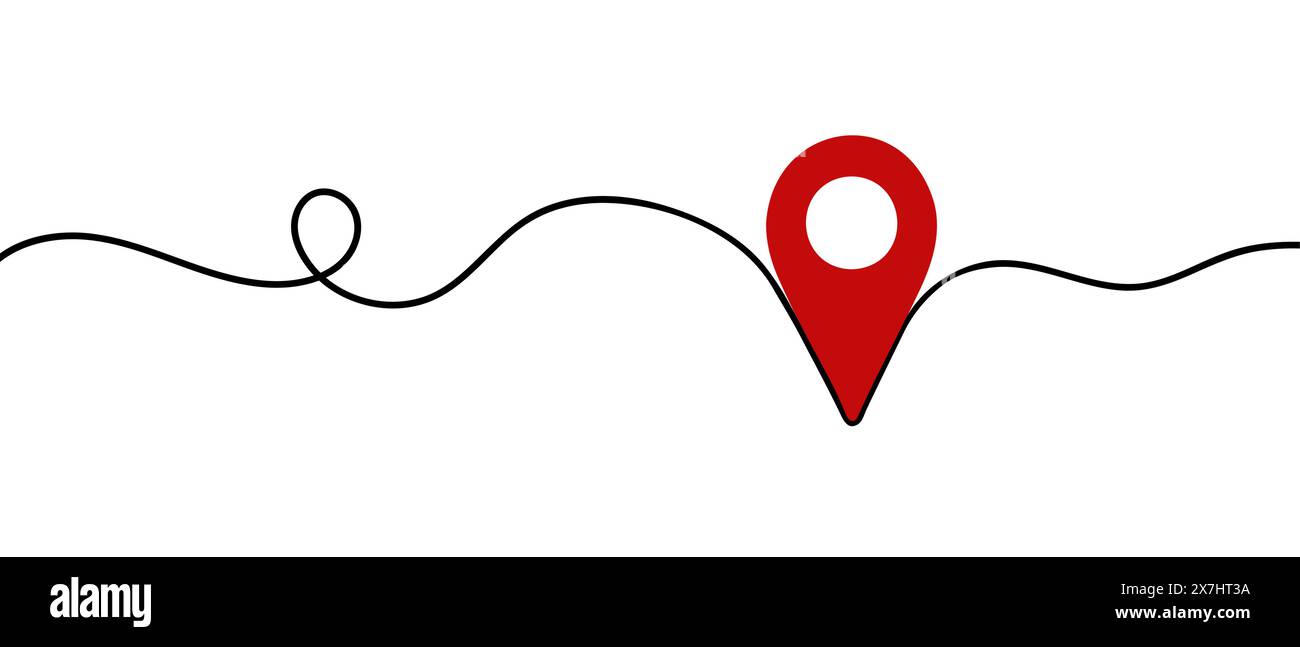 Continuous one line drawing of path and red Location pointers. Map pin line background. GPS icon ...
