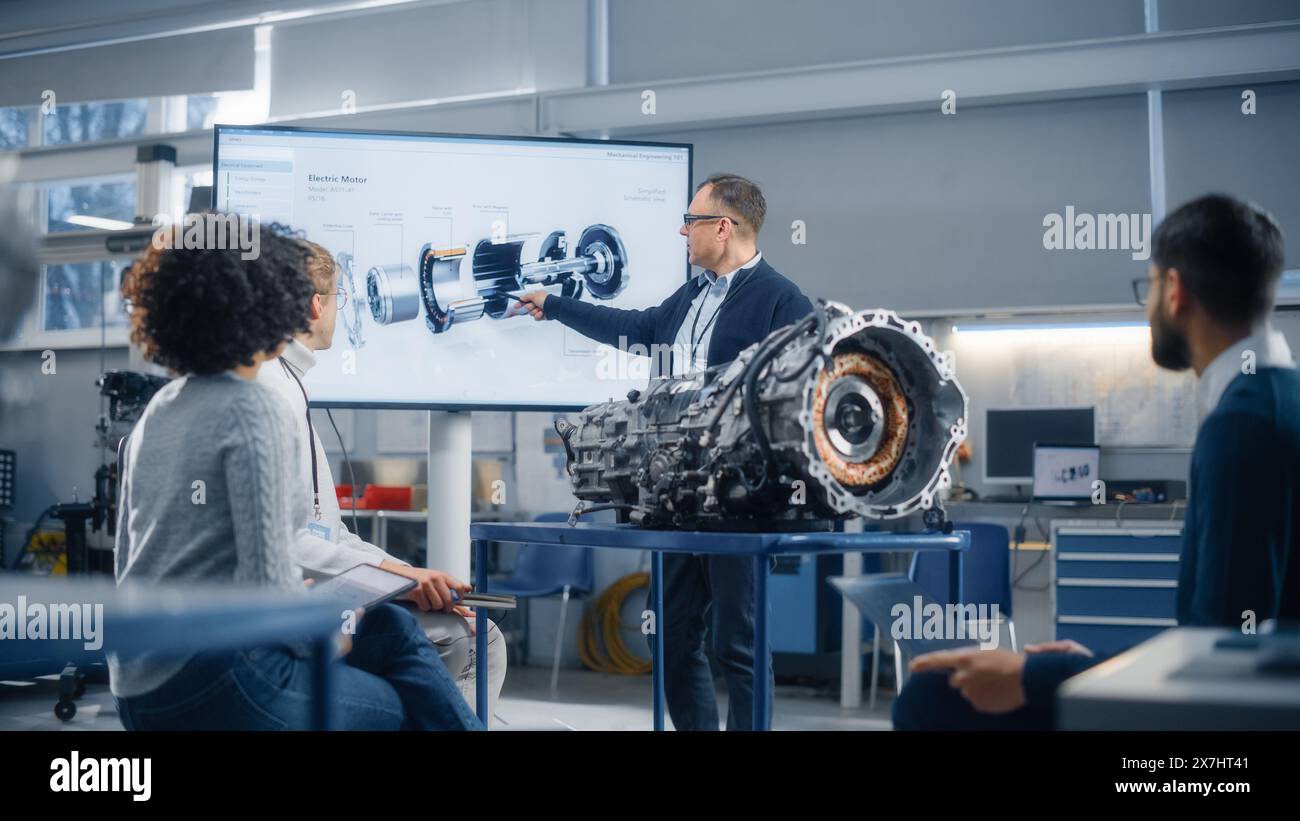 Group of Young Scientists Working: Inspecting Engine in Factory Meeting ...