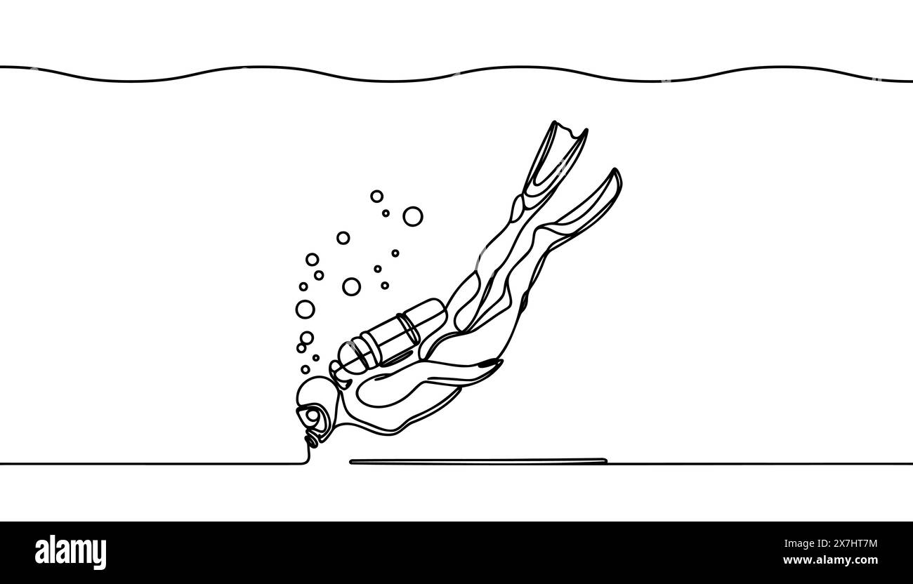 Continuous one line drawing of scuba diver illustration. Scuba diver ... Continuous one line drawing of scuba diver illustration. Scuba diver ...