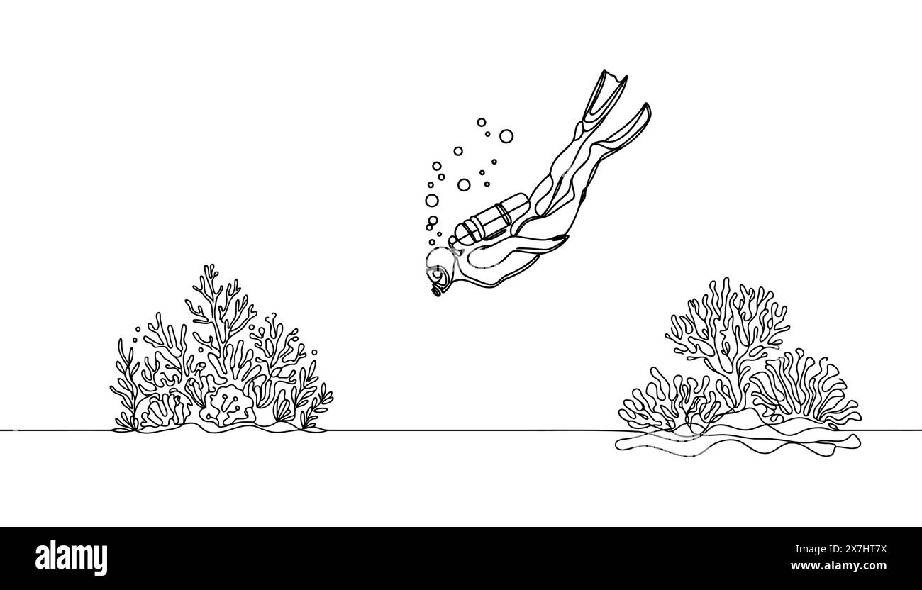 Continuous one line drawing of scuba diver illustration. Scuba diver ...