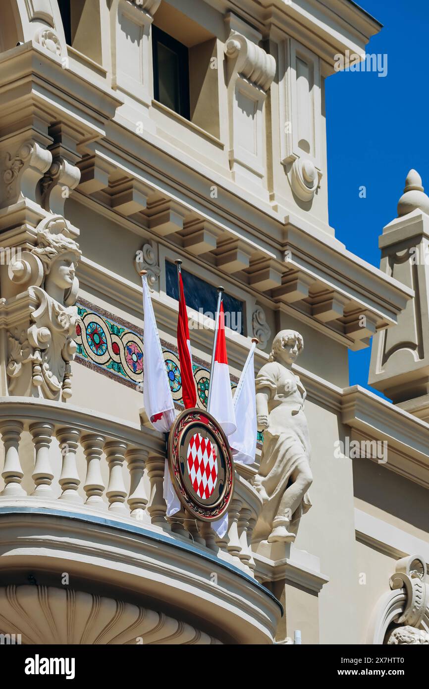 Monaco, Monaco - 25 June 2023: Coat of arms of Monaco, as well as flags ...