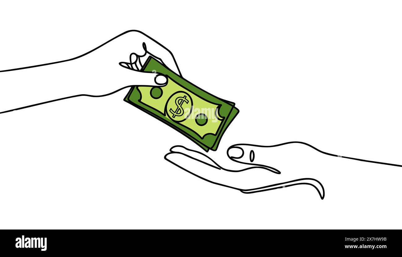 Continuous one line drawing hand receives money from the other hand ...