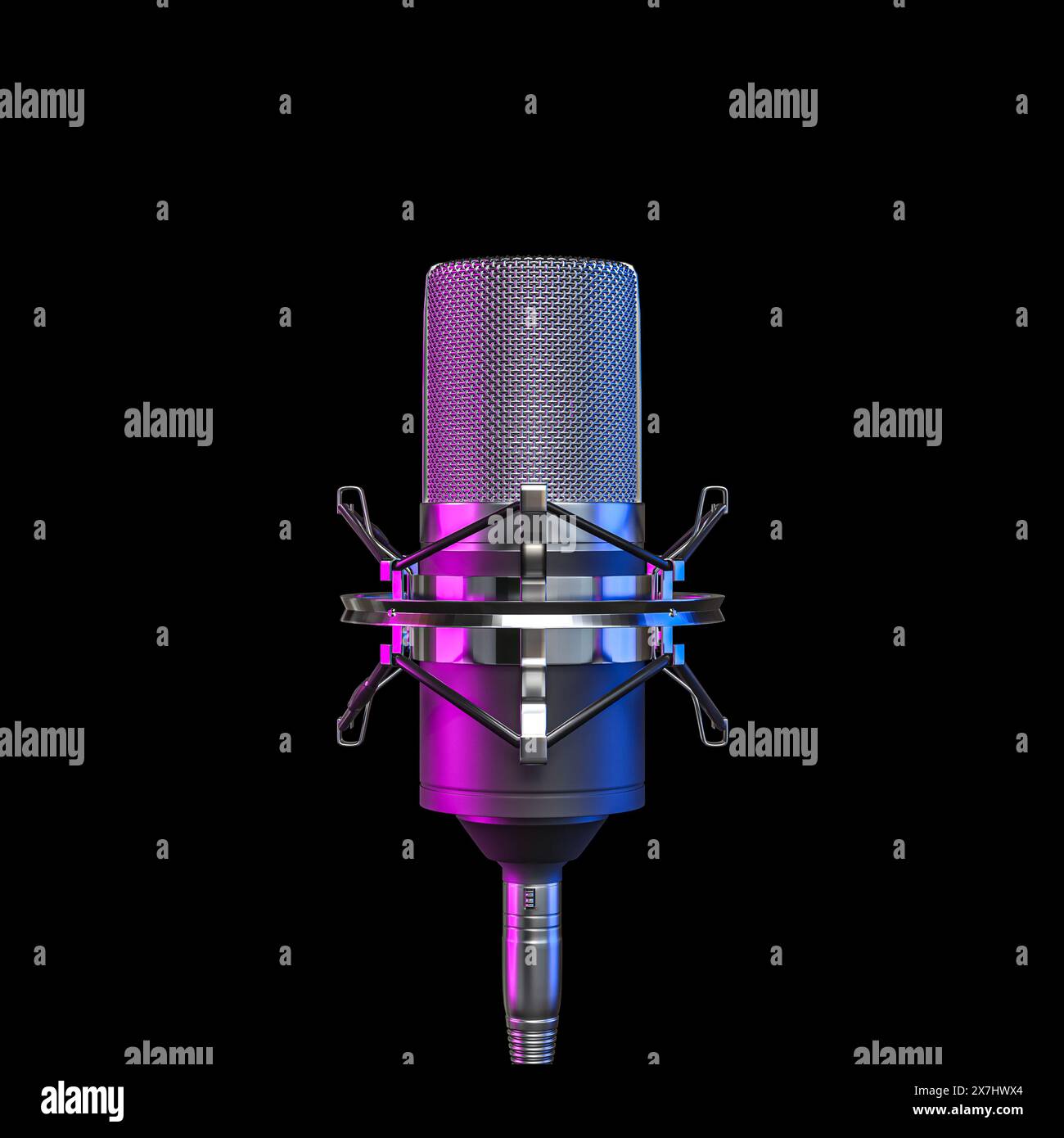 microphone blue, violet light isolated black backdrop, recording ...