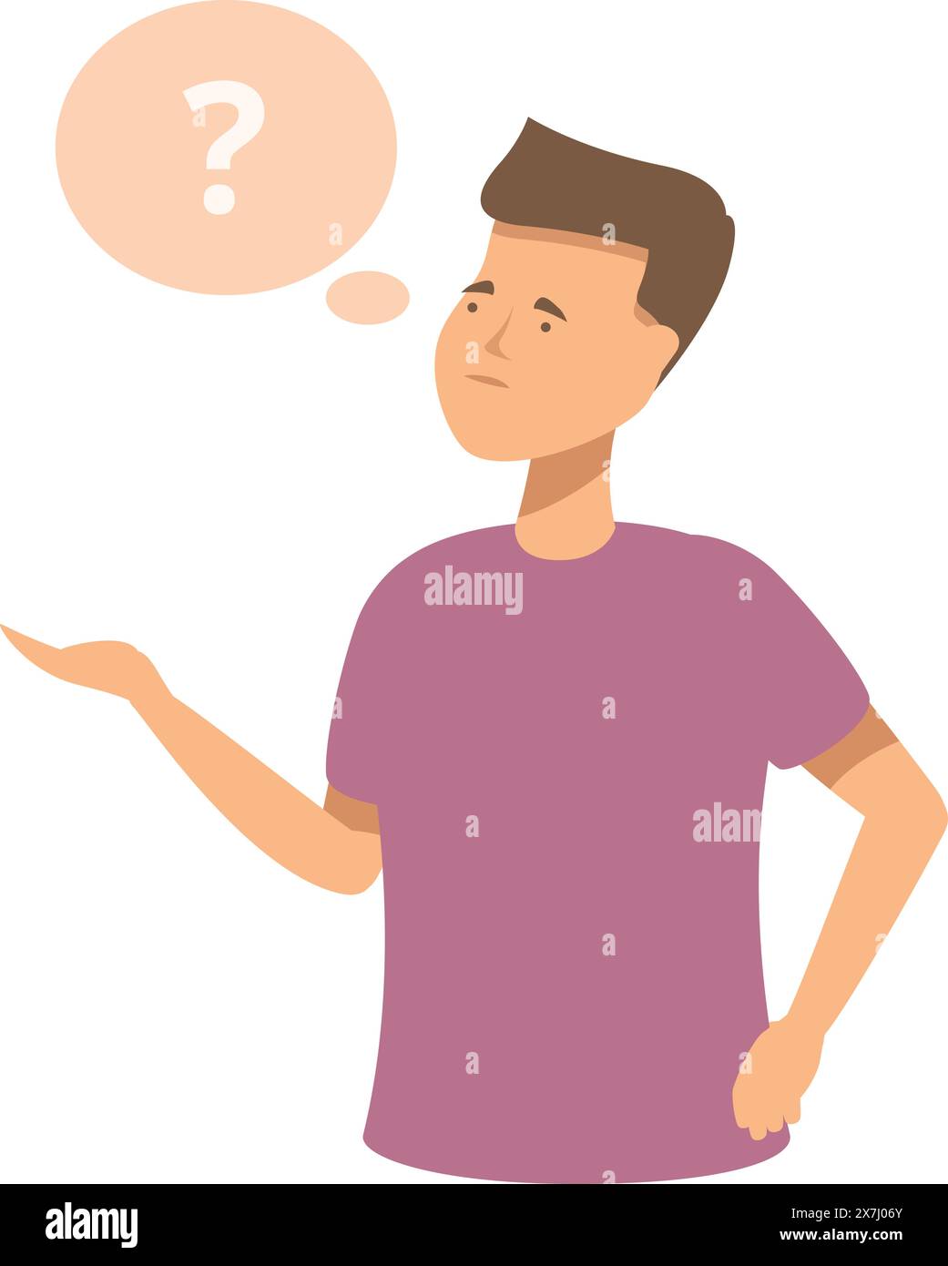 Illustrated young man in purple shirt looking puzzled with a question ...