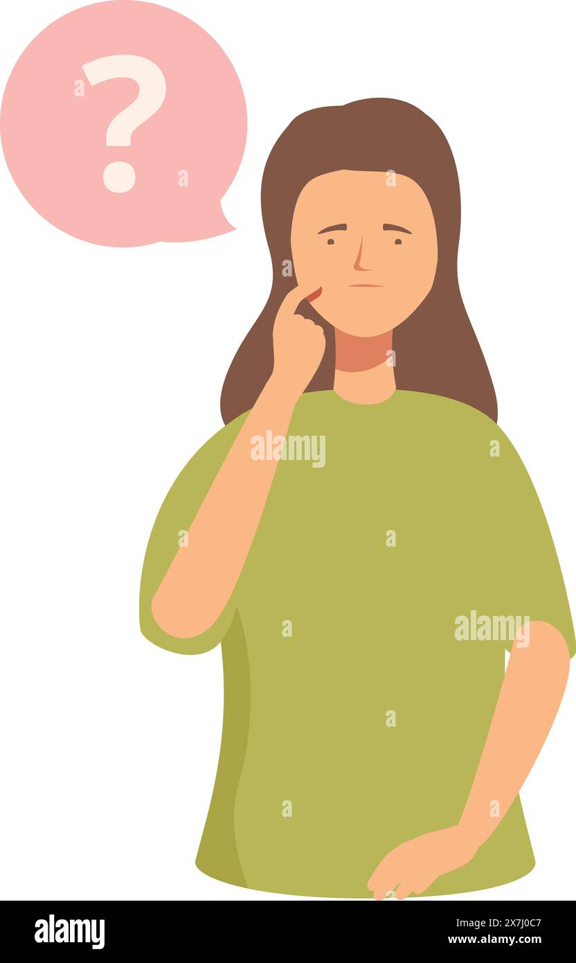 Illustrated woman in green with a questioning expression and a speech ...