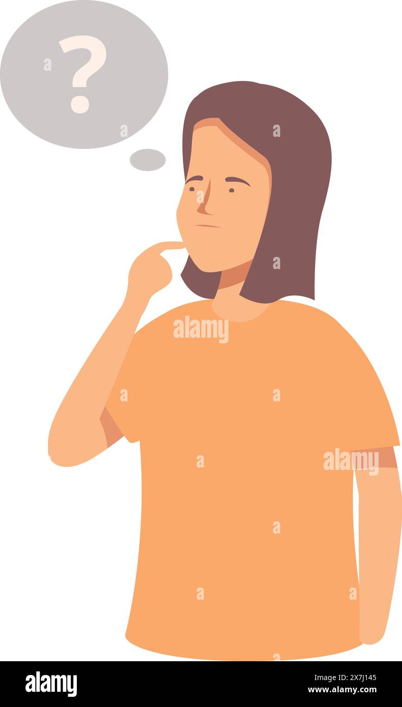 Illustration of a thoughtful young woman with a question mark thought ...