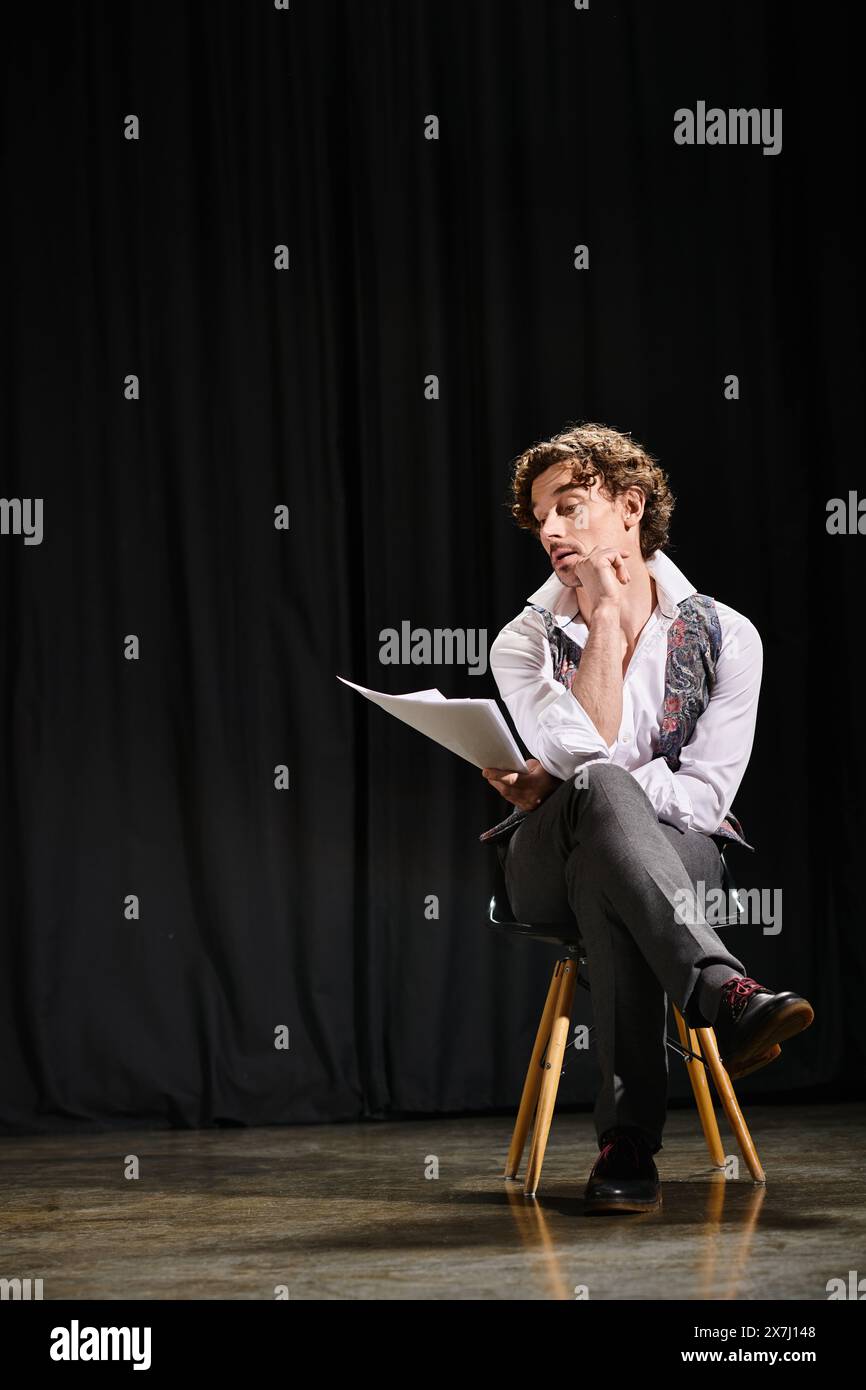 A man engrossed in reading a script while sitting on a chair Stock ...