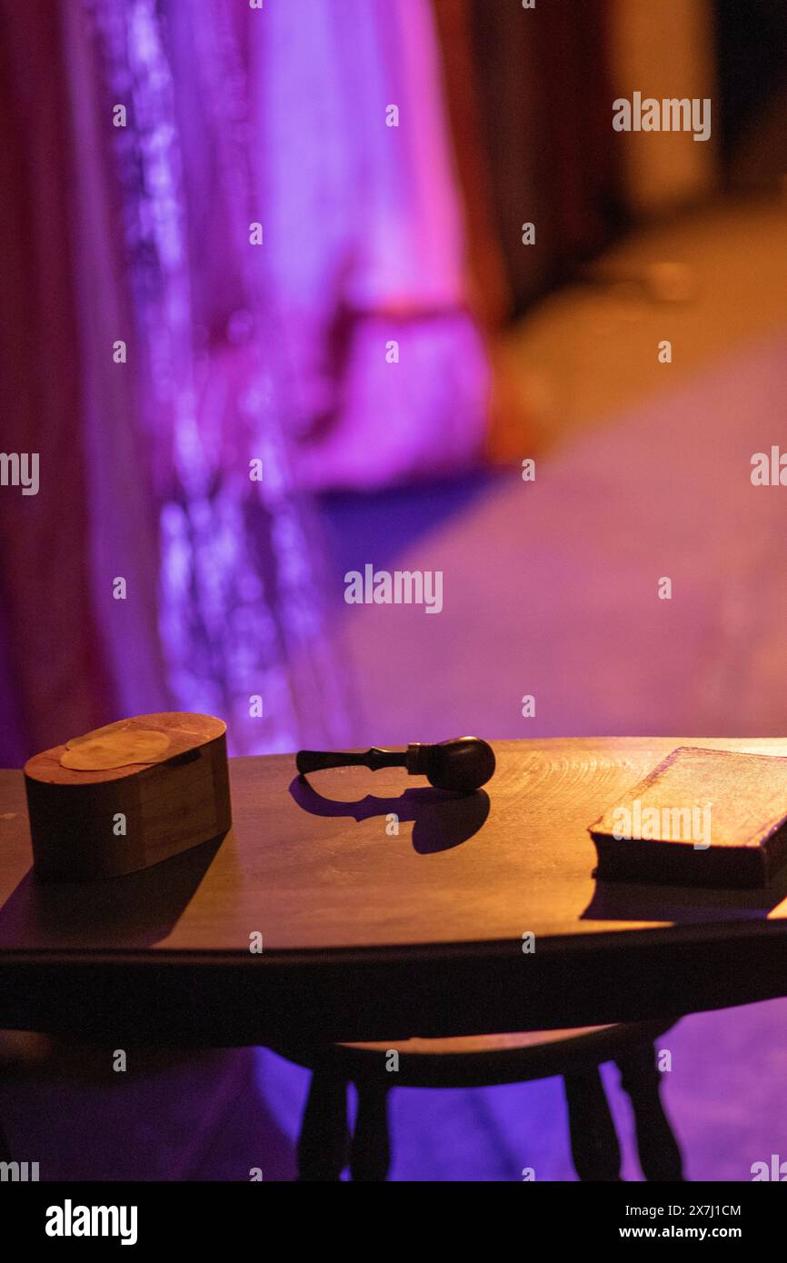 Backstage at the Seckford Theatre in Woodbridge Suffolk props wait for ...