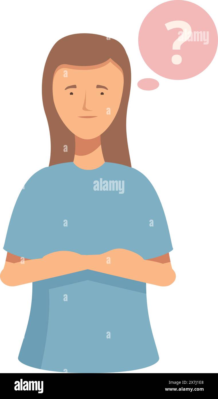 Illustration of a thoughtful woman with arms crossed and a question ...