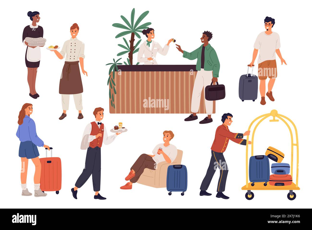 Hotel visitors and staff. Guests with luggage check into rooms ...