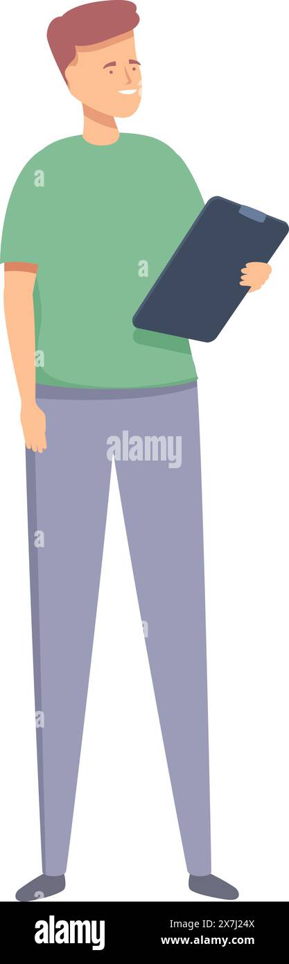 Vector illustration of a casual young man standing and holding a ...