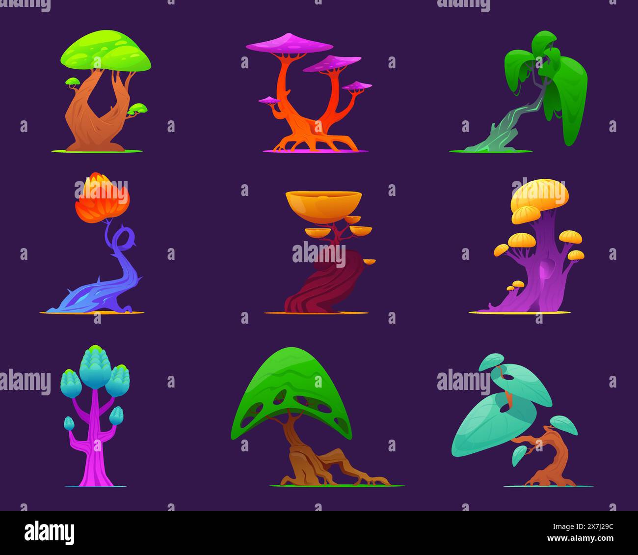 Cartoon fantasy trees. Magic forest plants. Colorful foliage crowns and ...