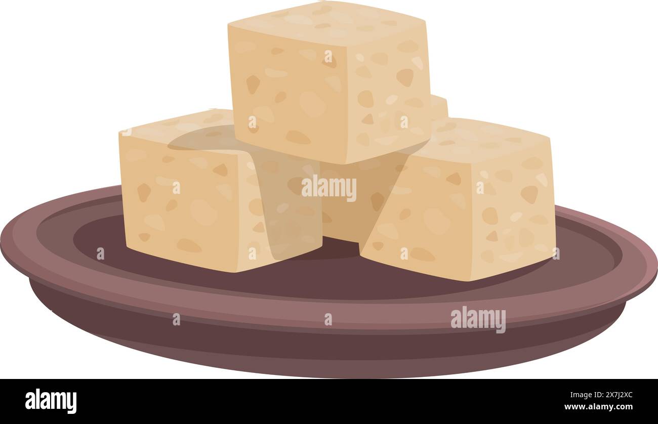 Cartoon image showing three cubes of cheese on a brown plate, isolated ...
