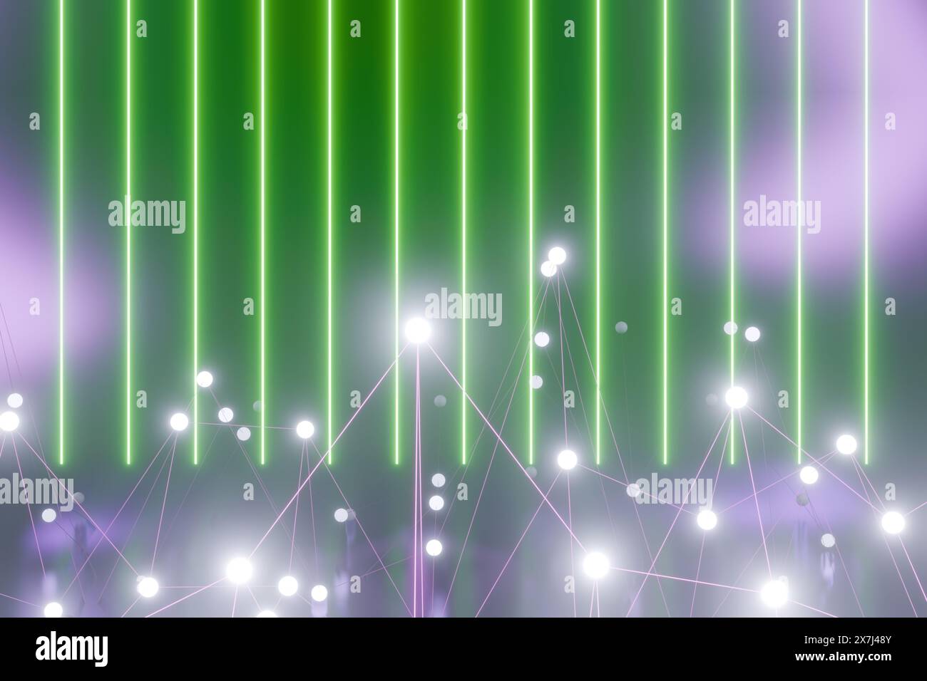 Abstract light display with green vertical lines and glowing white dots ...