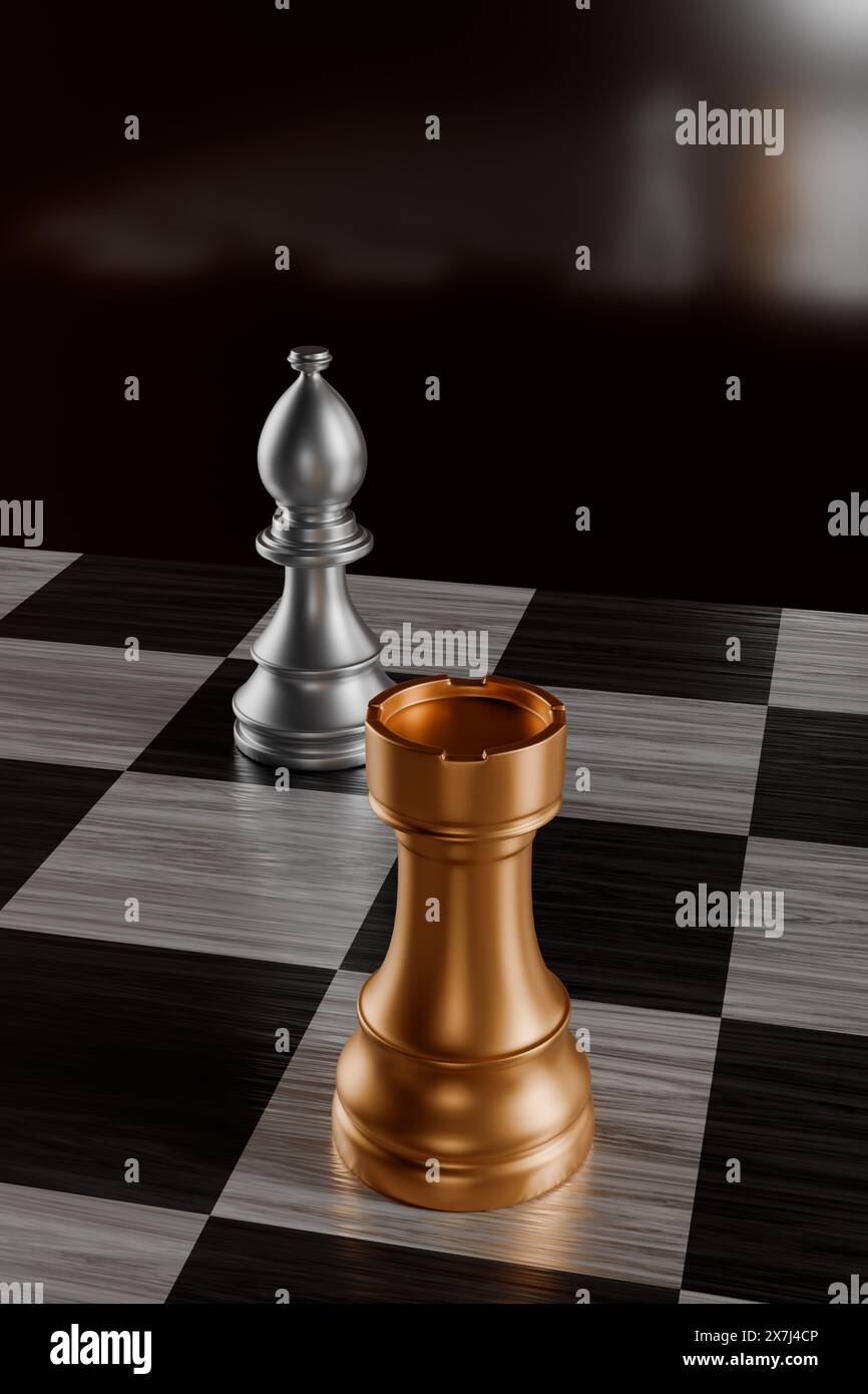 A bronze rook and silver bishop on a chessboard.3d rendering Stock ...