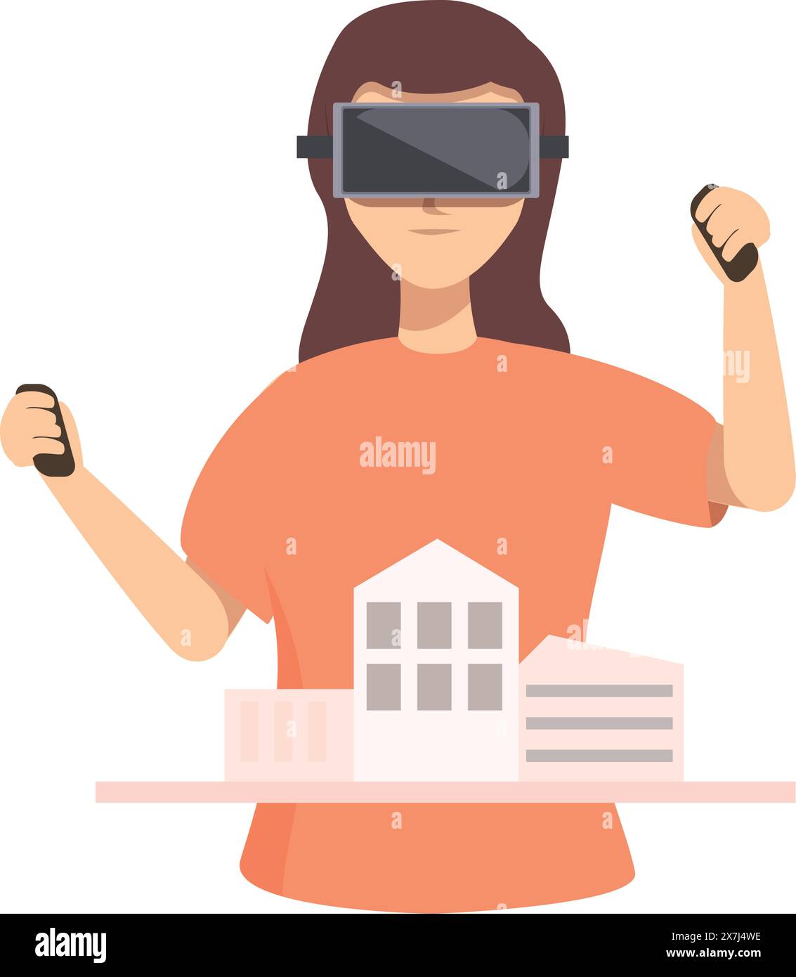 Illustrated female in vr headset interactively engages with a 3d ...