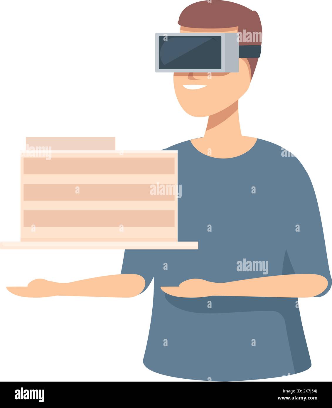 Flat design of a smiling male with vr glasses interacting with a floating 3d bar chart hologram ...