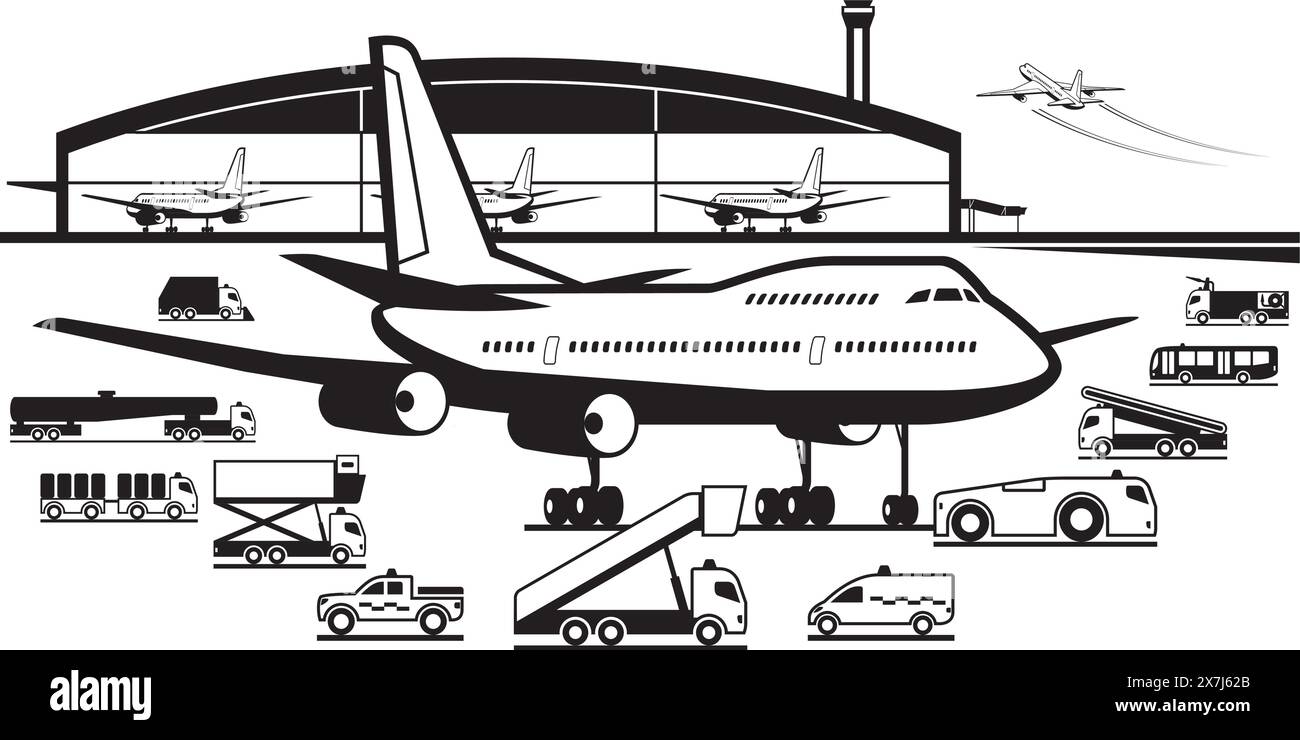 Airport maintenance vehicles around aircraft - vector illustration ...