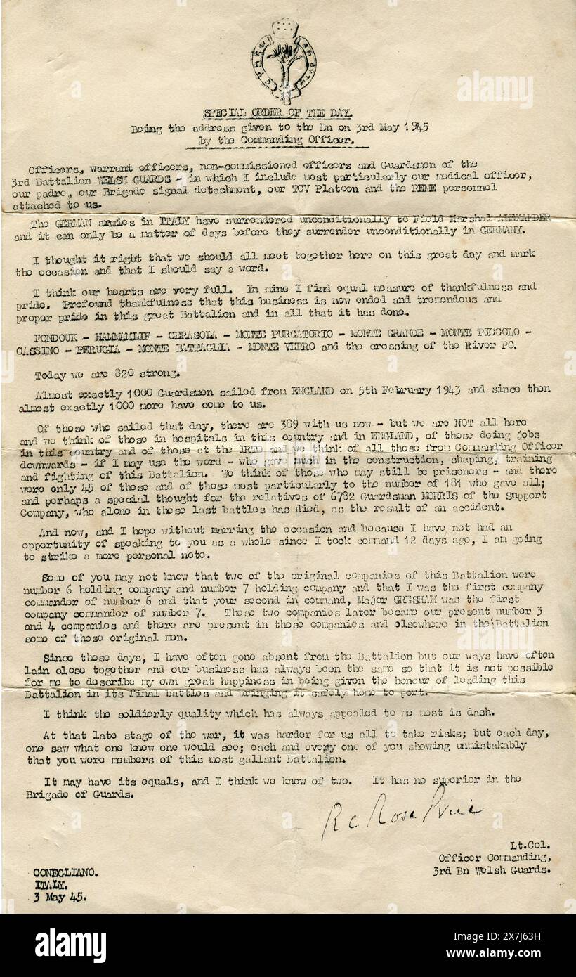 3rd Battlalion Welsh Guards Wars End SPECIAL ORDER OF THE DAY. This ...