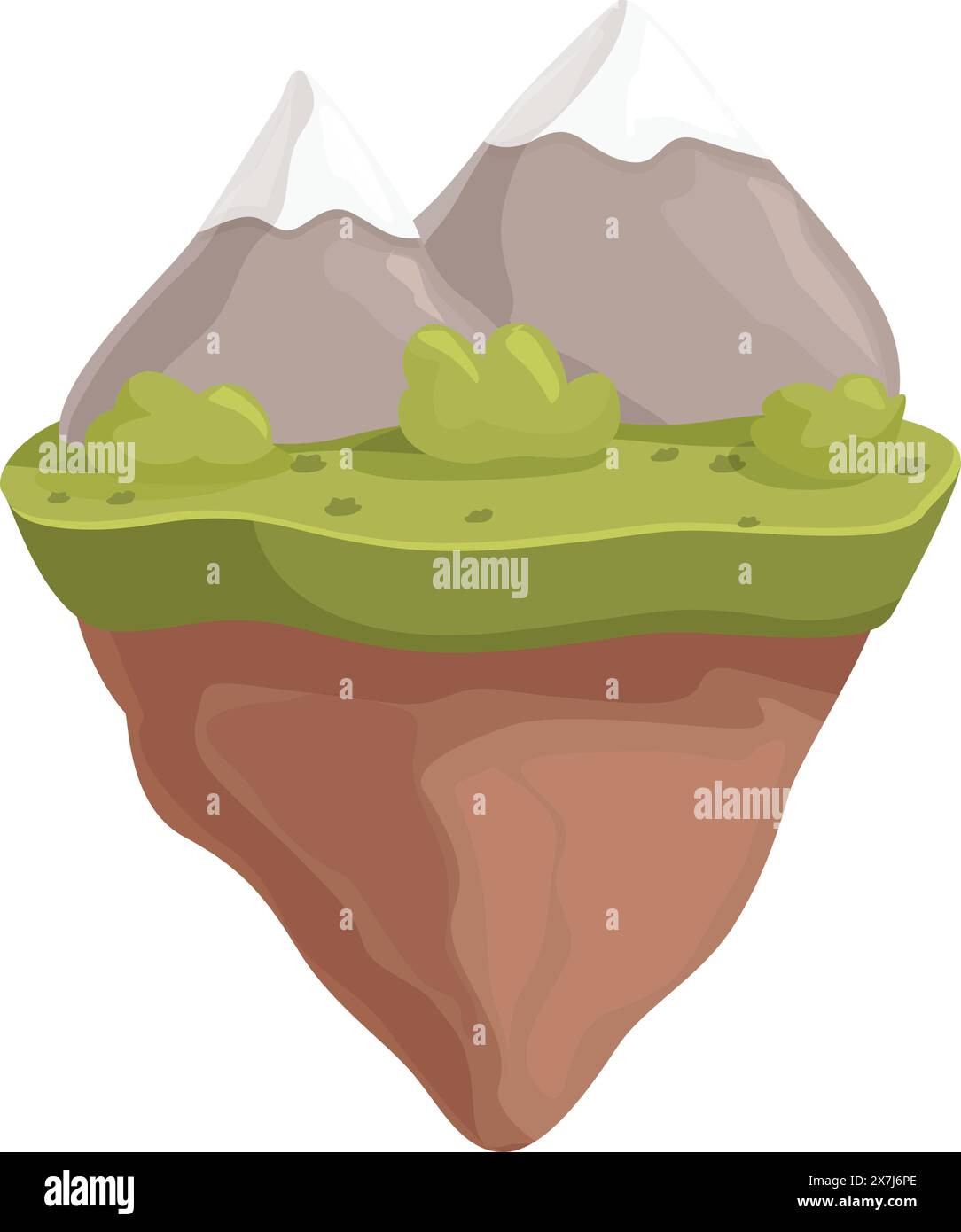 Flat style illustration of a whimsical floating island with snowcapped ...