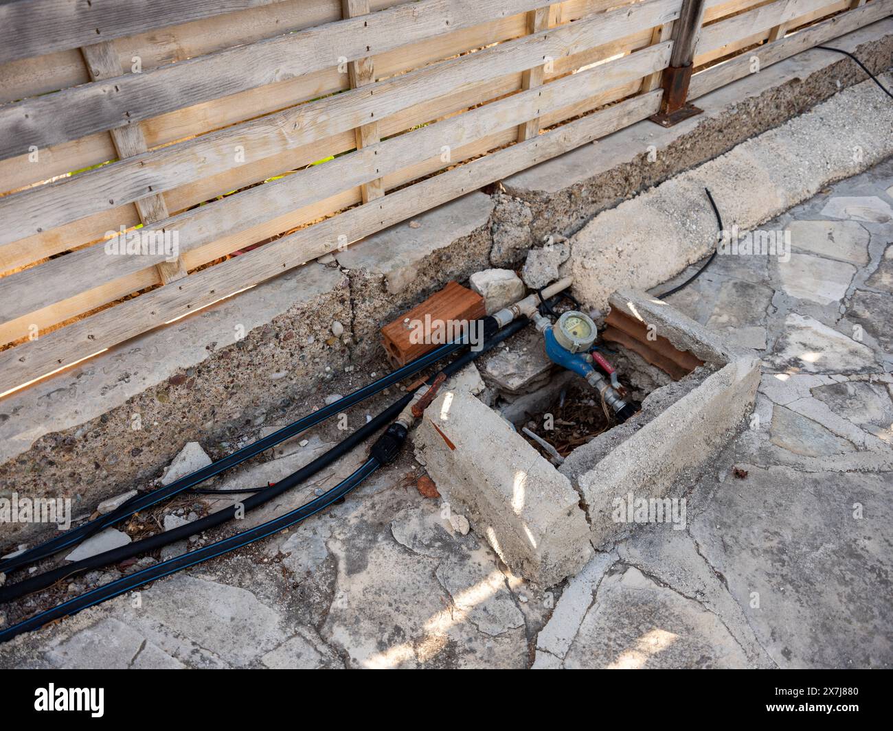 May 2024 - Exposed domestice housing meters on the street near Pafos ...
