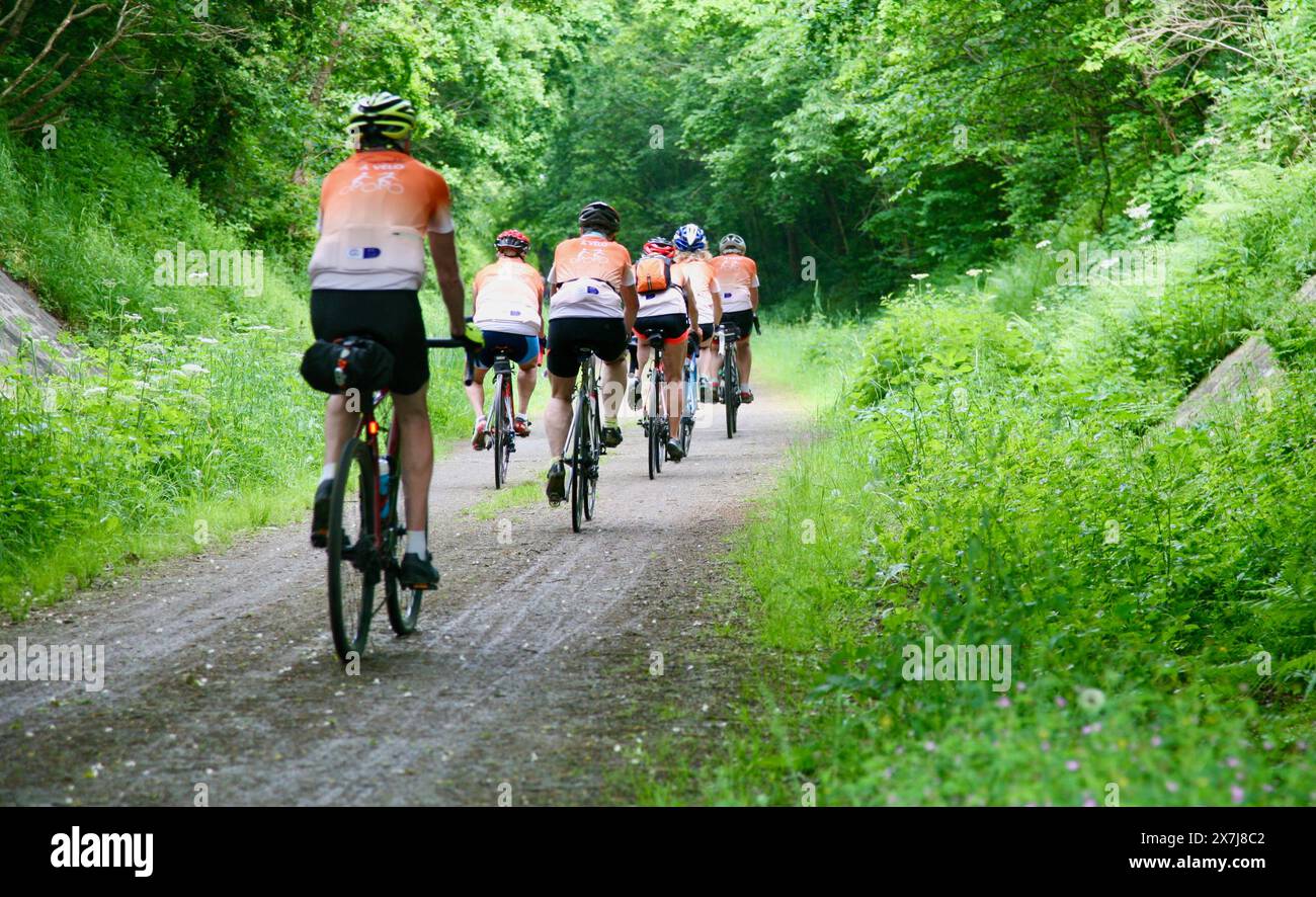 A group of bikers on the Veloscenic cycle route, Saint-Cyr-du-Bailleul ...
