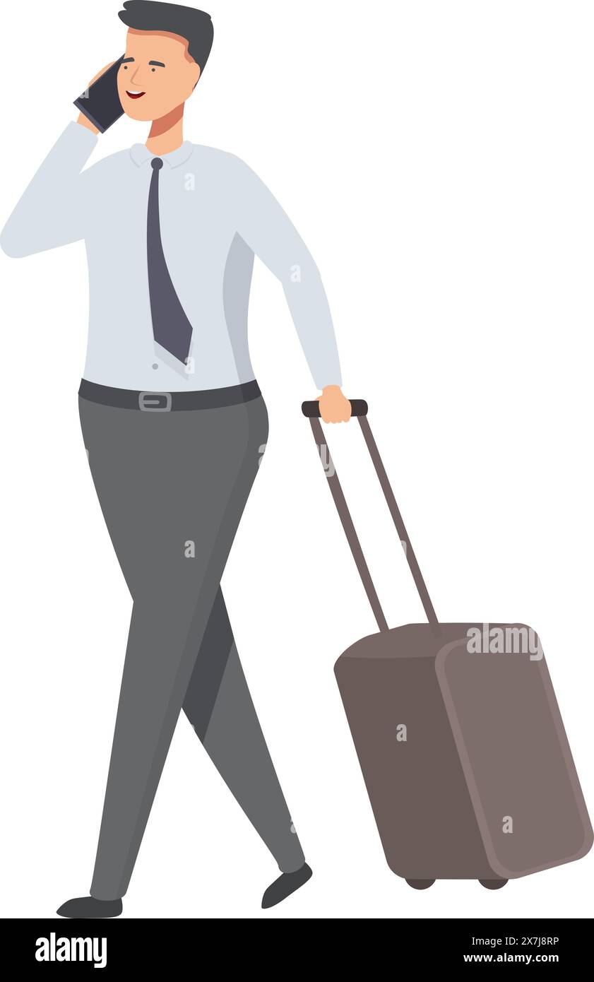Styled vector of a businessman with a suitcase on wheels using a mobile ...