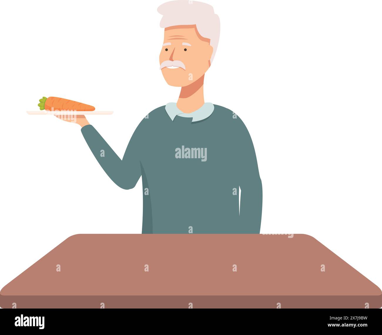 Cheerful elderly cartoon man holding a plate with a carrot, promoting ...