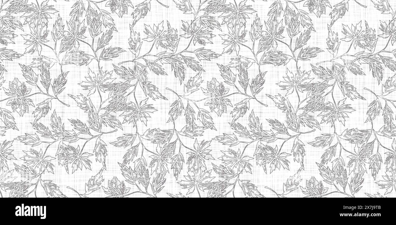 White neutral minimal botanical leaf motif with Linen effect texture ...