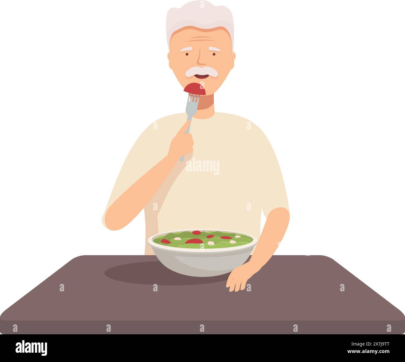 Elderly man with a pleasant smile eating a fresh bowl of salad ...