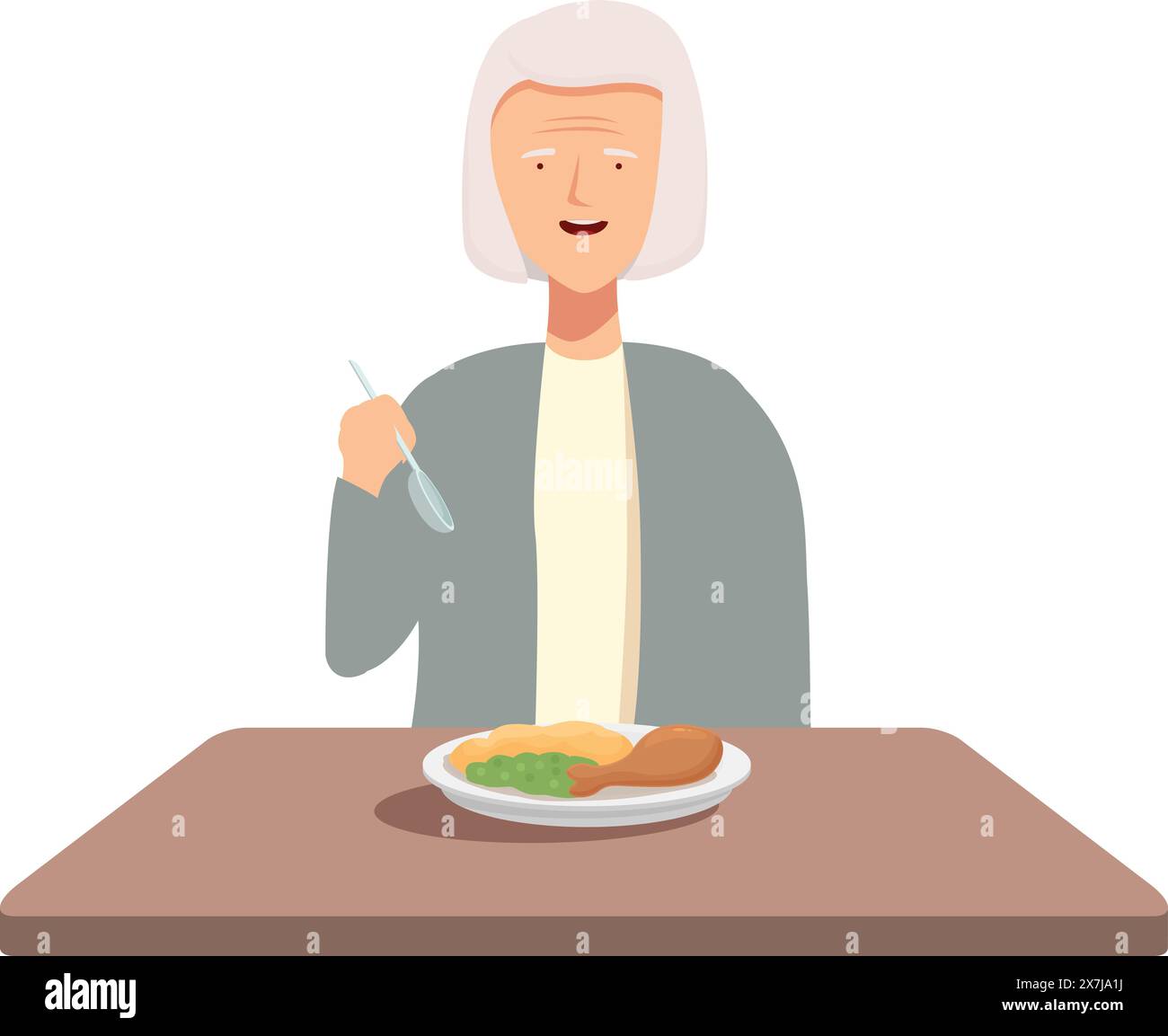 Illustration of an elderly woman with a smile, dining alone at a table ...