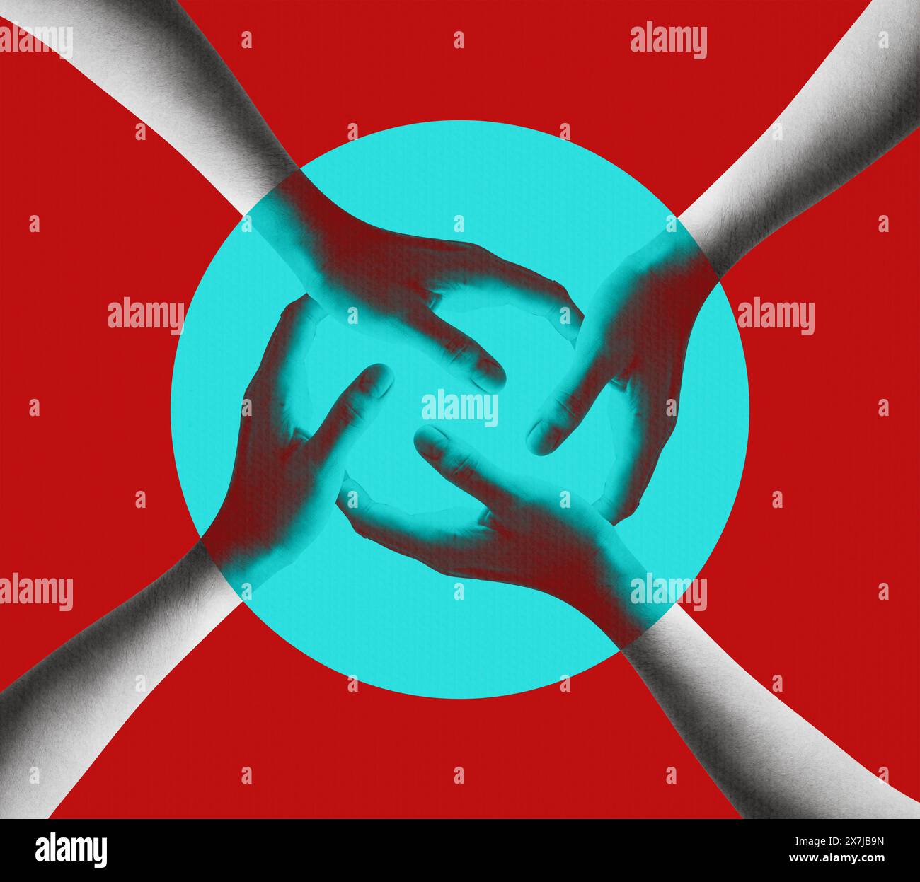 Four hands forming a circle. Digital contemporary art representing ... Four hands forming a circle. Digital contemporary art representing ...