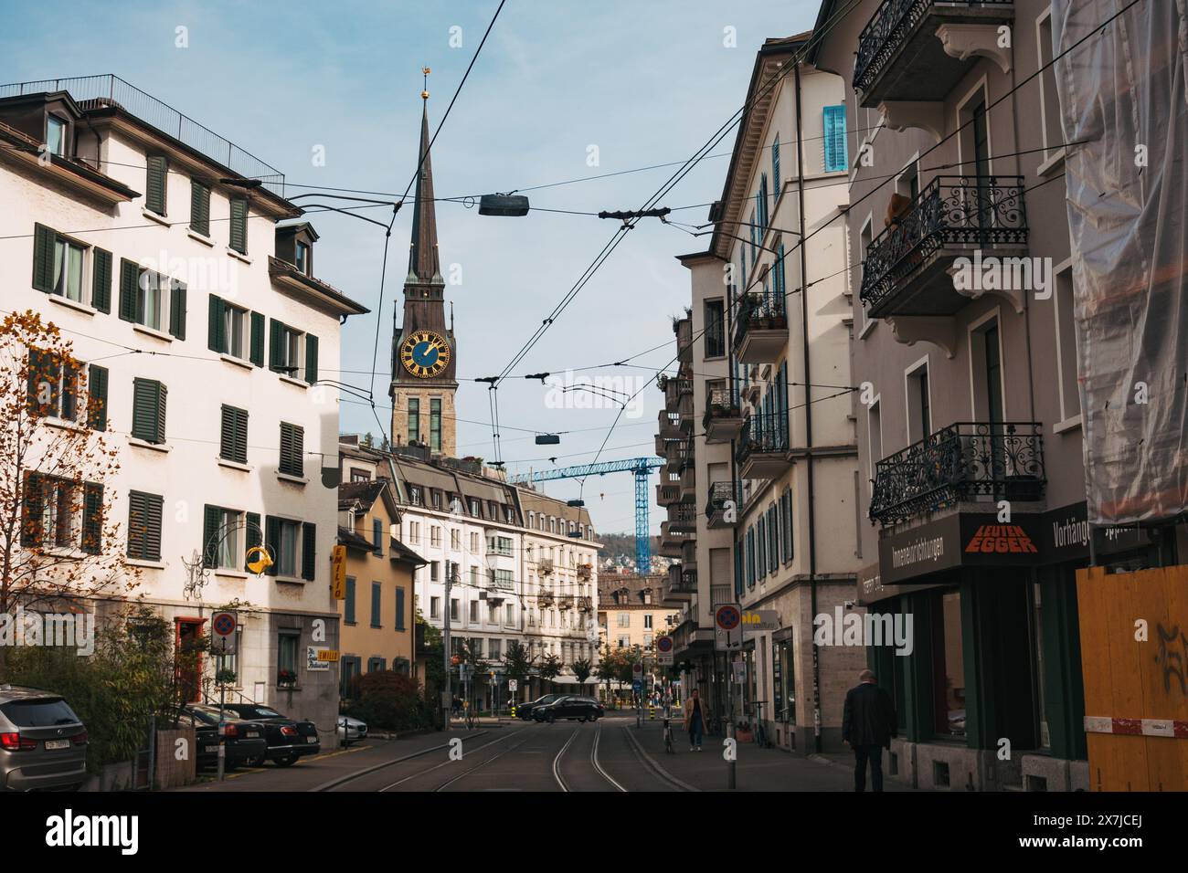 Looking down the inner city street of Badenerstrasse, Zurich, toward ...