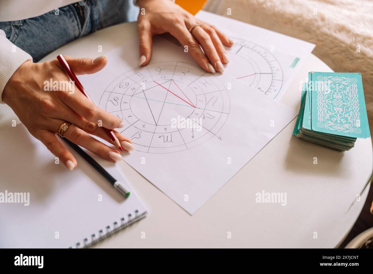 An astrologer draws with a pencil on a natal chart Stock Photo - Alamy