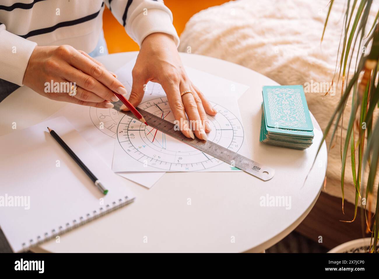 Lady draws with a pencil and ruler on a natal chart Stock Photo - Alamy
