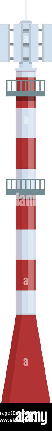 Cartoon illustration of a red and white communication tower with antennas and telecommunication ...