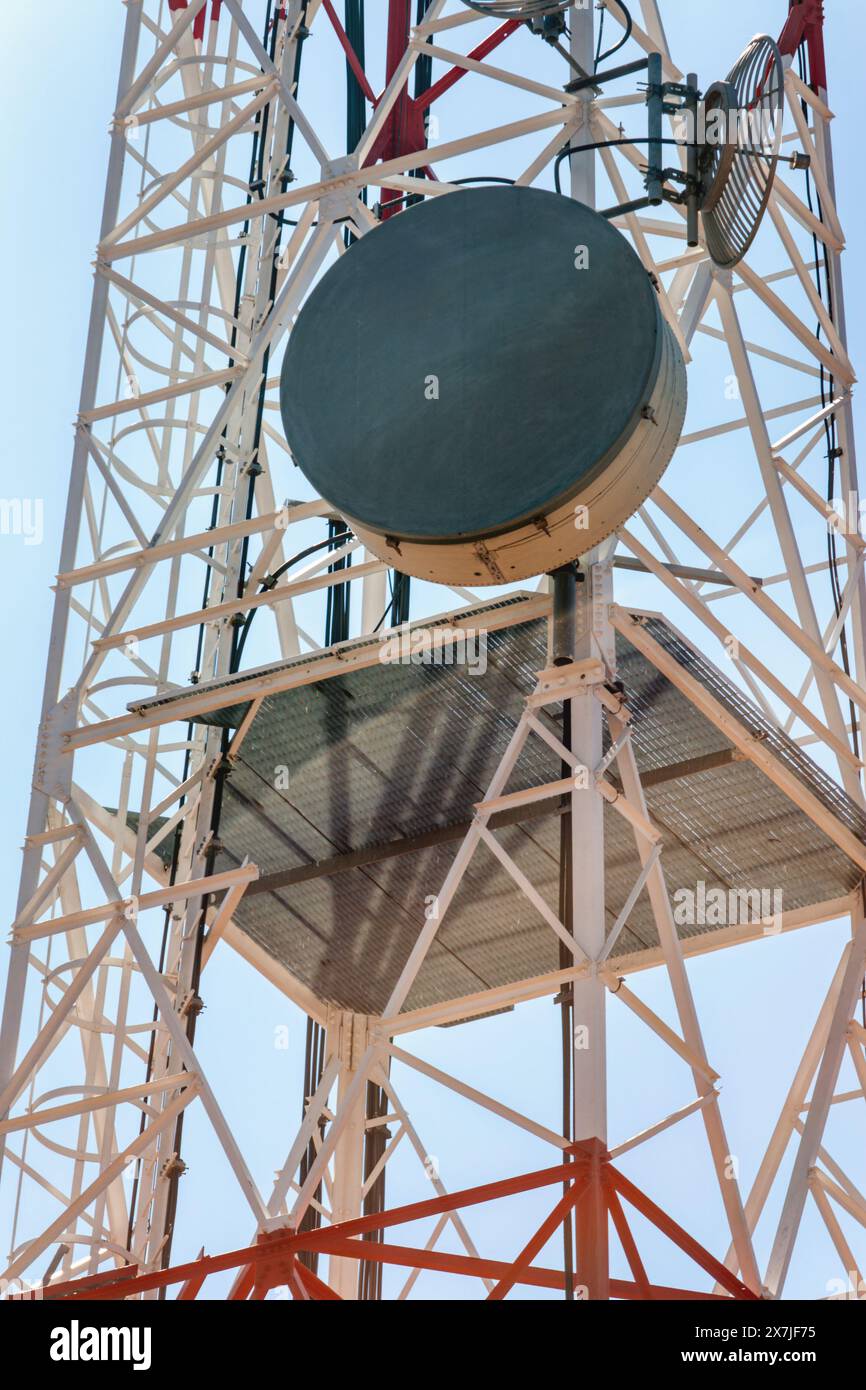 cellular communications tower , close up on antenna, against the blue simple sky Stock Photo - Alamy