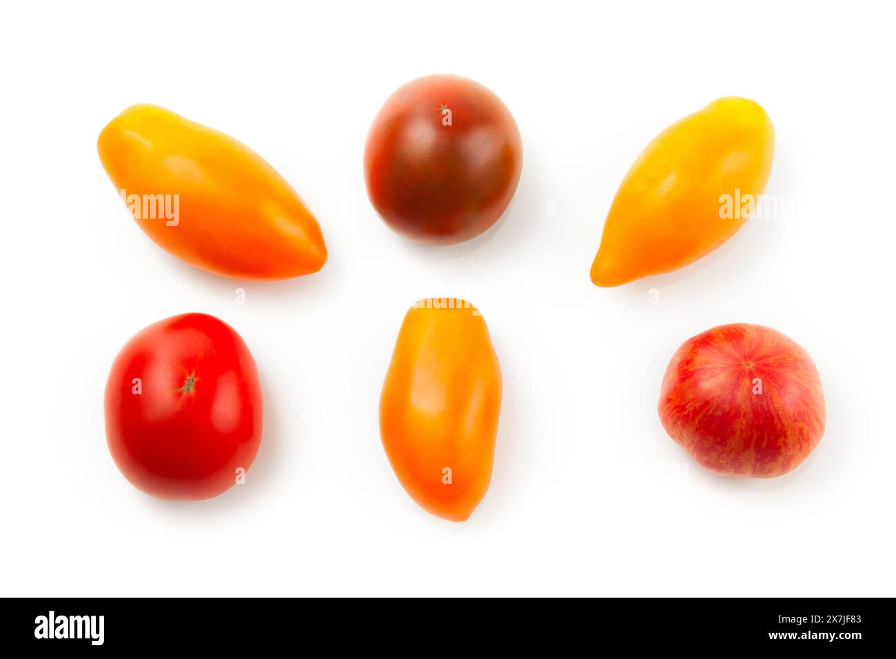 Assort of different shape and color whole ripe juicy tomatoes with soft ...