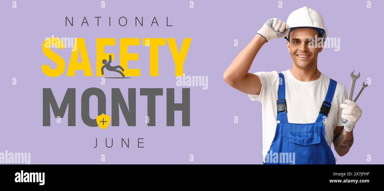 Banner for National Safety Month with male mechanic Stock Photo - Alamy