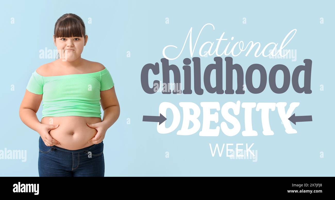 Sad overweight girl on light blue background. Banner for National ...