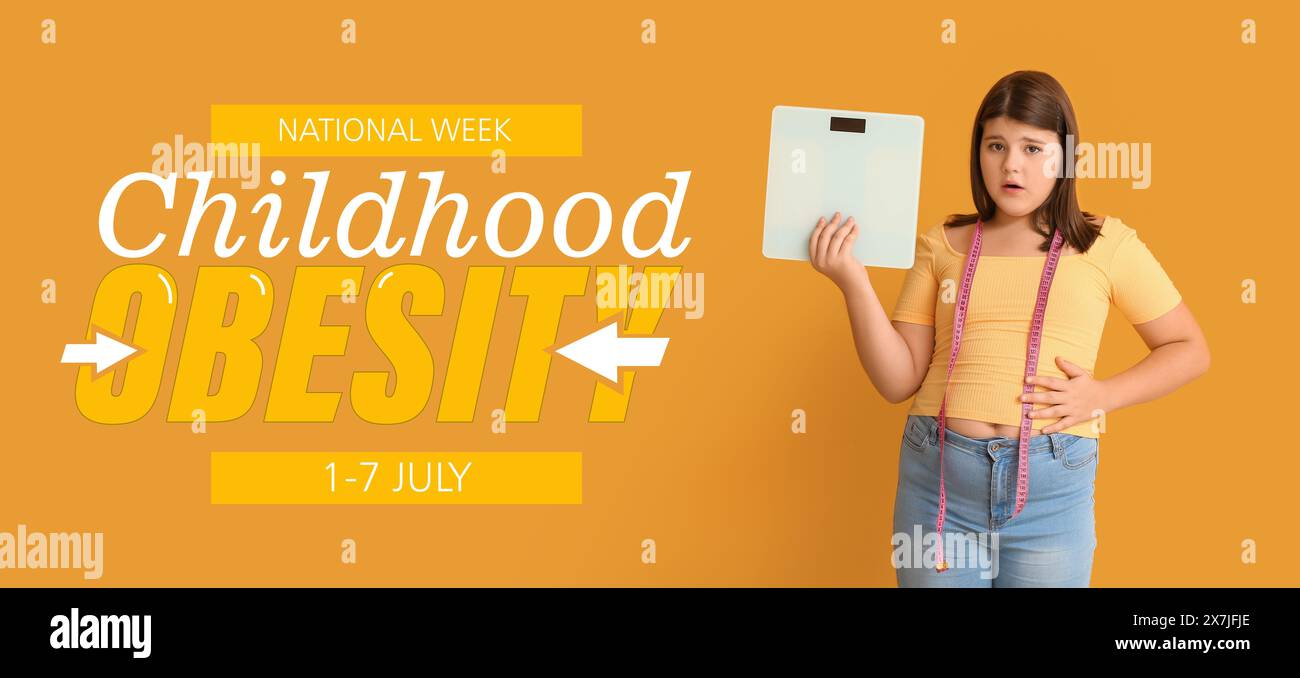 Shocked overweight girl with measuring scales on orange background ...