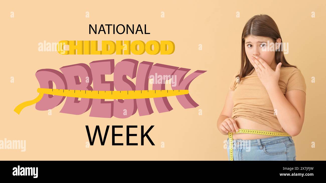 Shocked overweight girl measuring her waist on beige background. Banner ...