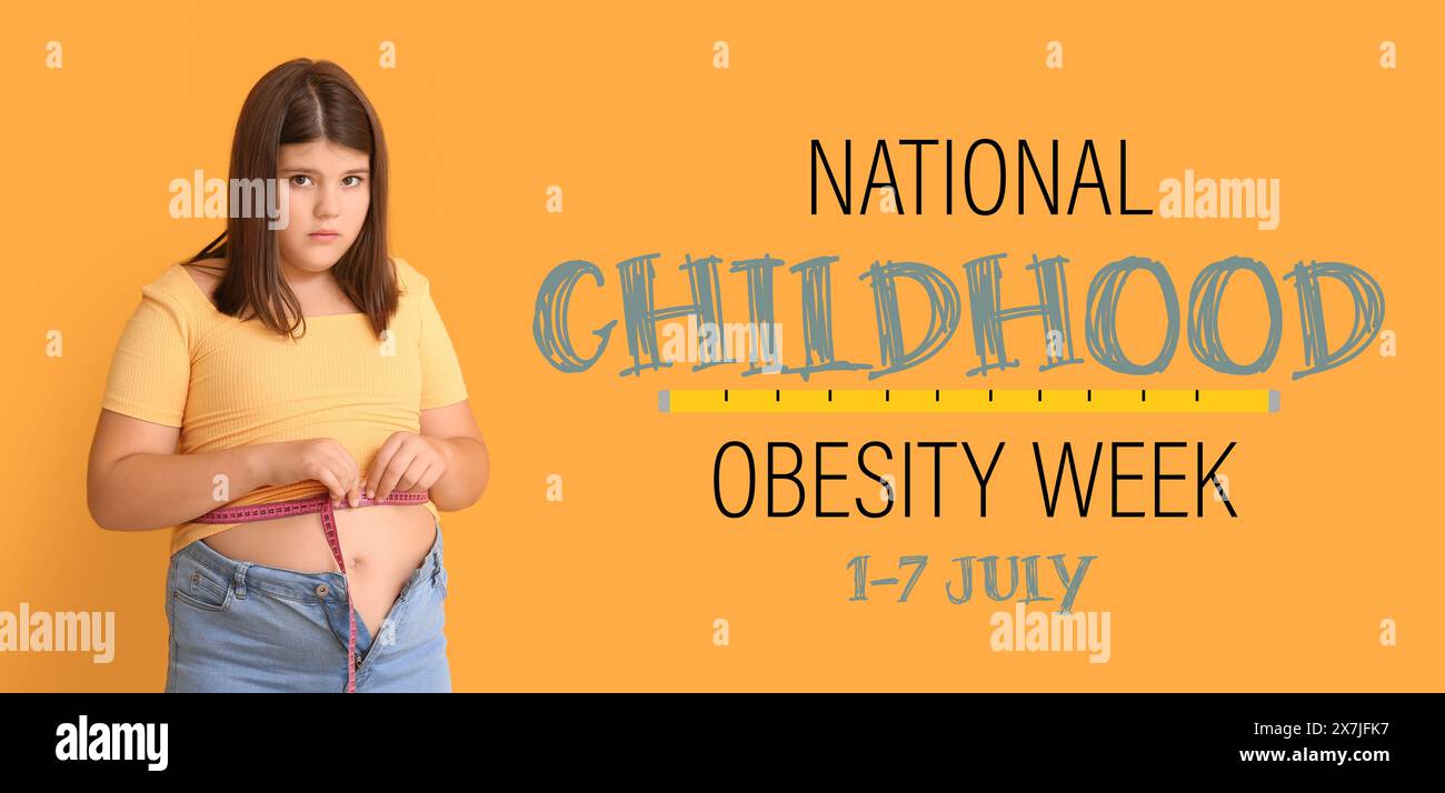 Overweight girl measuring her waist on orange background. Banner for ...