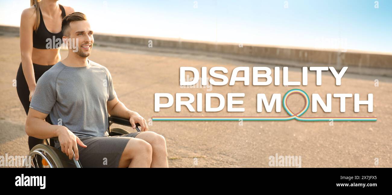 Sporty woman helping young man in wheelchair outdoors. Banner for ...