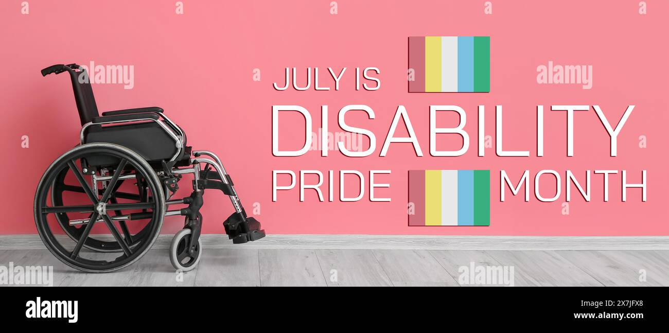 Empty wheelchair near pink wall. Banner for Disability Pride Month ...