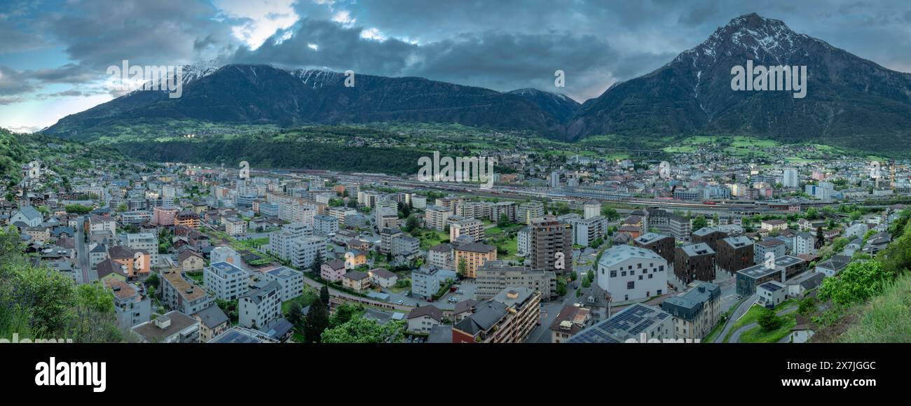 View for Naters part of town in spring cloudy evening in Brig ...