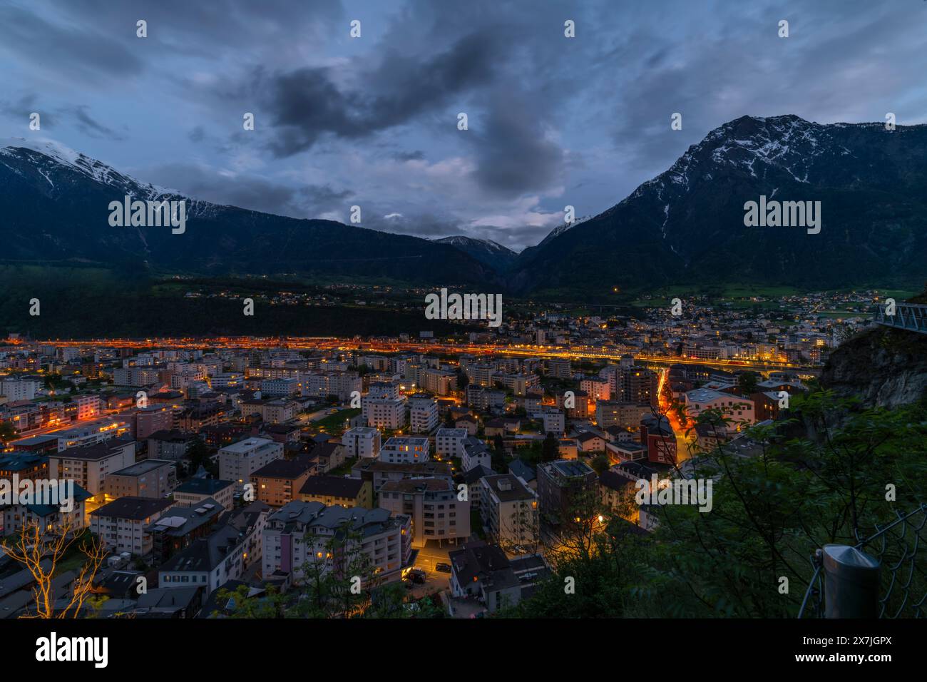 View for Naters part of town in spring cloudy night in Brig Switzerland ...